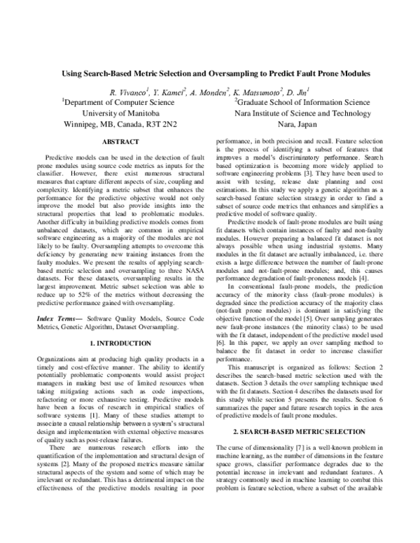 (PDF) Using search-based metric selection and oversampling to predict fault prone modules