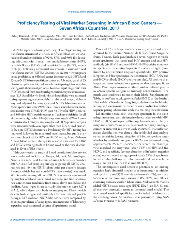 (PDF) Proficiency Testing of Viral Marker Screening in African Blood ...