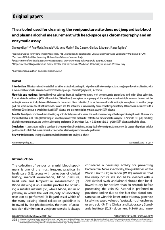 (PDF) The alcohol used for cleansing the venipuncture site does not ...