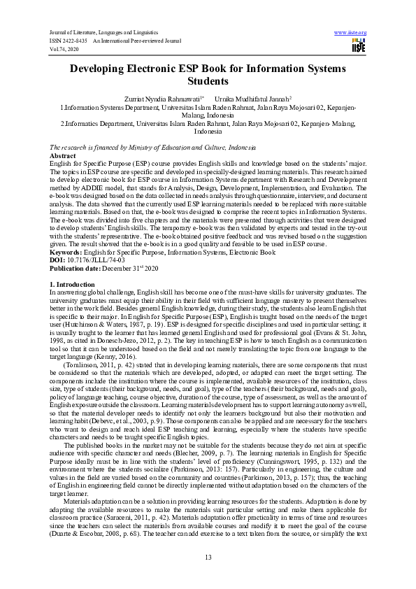 (PDF) Developing Electronic ESP Book for Information Systems Students