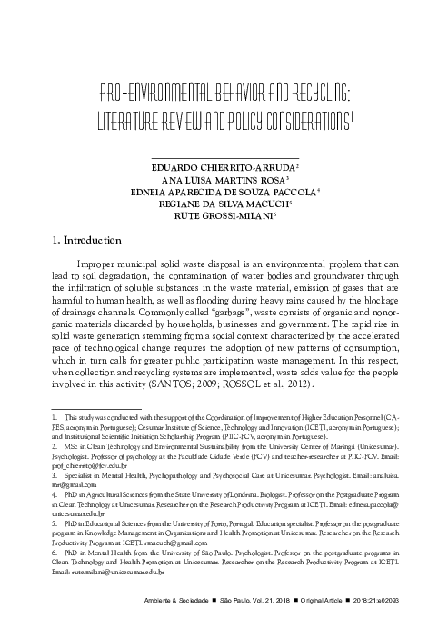 (PDF) Pro-Environmental Behavior and Recycling: Literature Review and Policy Considerations