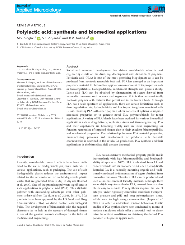 (PDF) Poly‐Lactic acid ( PLA ): synthesis and biomedical applications