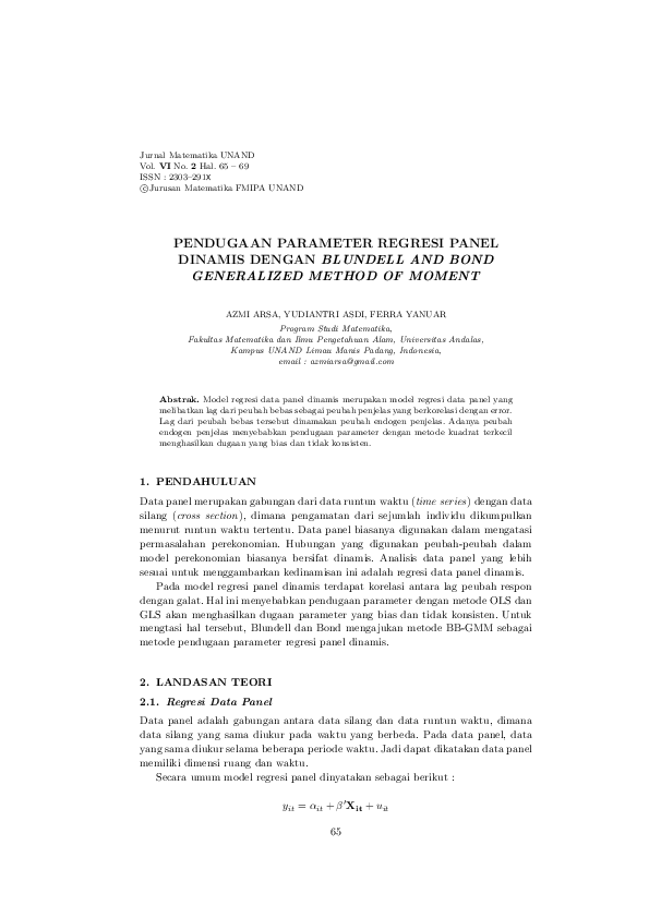(PDF) Pendugaan Parameter Regresi Panel Dinamis Dengan Blundell and Bond Generalized Method of ...