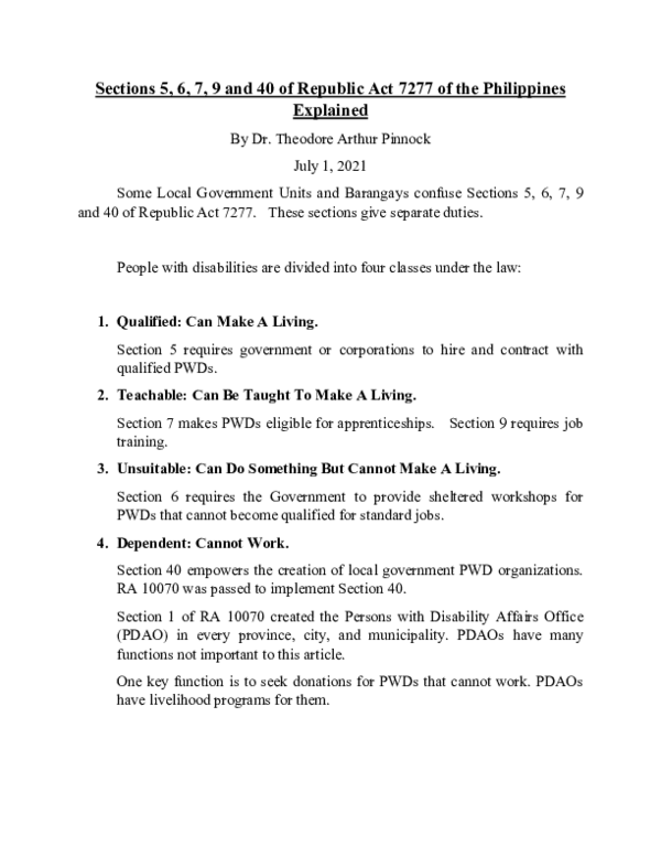(PDF) Sections 5, 6, 7, 9 and 40 of Republic Act 7277 of the ...