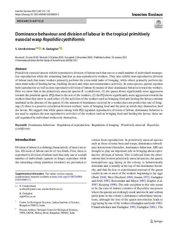 (PDF) Dominance behaviour and division of labour in the tropical ...