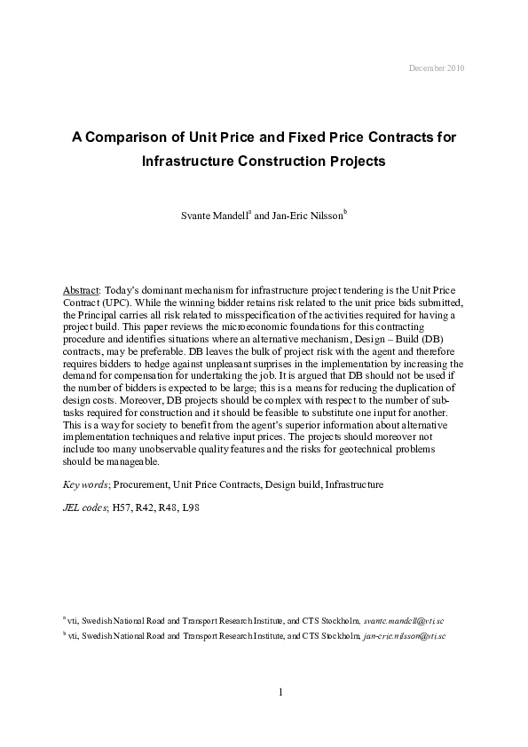 (PDF) A Comparison of Unit Price and Fixed Price Contracts for ...
