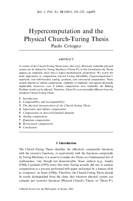 (PDF) Hypercomputation and the Physical Church‐Turing Thesis