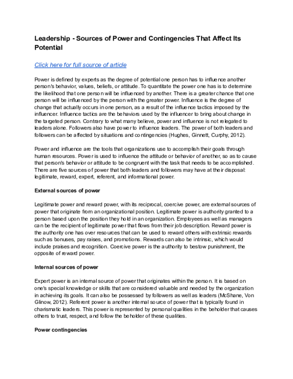 (PDF) Leadership -Sources of Power and Contingencies That Affect Its ...