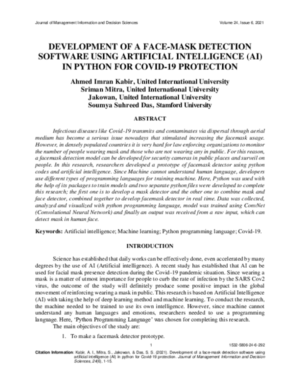 Pdf Development Of A Face Mask Detection Software Using Artificial Intelligence Ai In Python 3527
