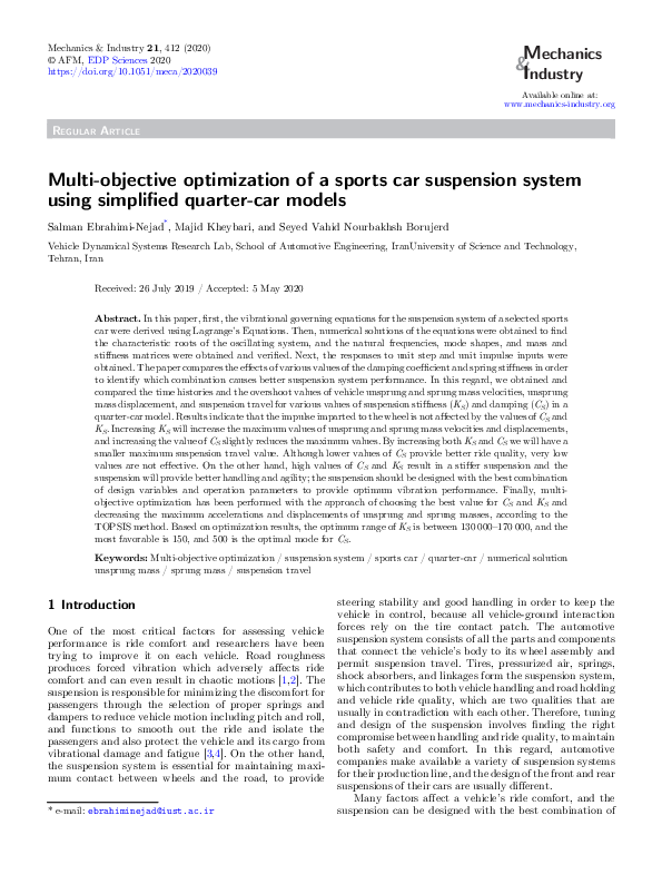 (PDF) Multi-objective optimization of a sports car suspension system using simplified quarter ...
