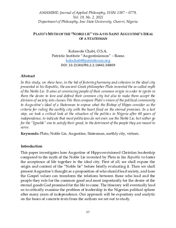 (PDF) PLATO'S MYTH OF THE "NOBLE LIE" VIS-À-VIS SAINT AUGUSTINE'S IDEAL ...