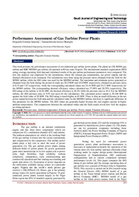 (PDF) Performance Assessment of Gas Turbine Power Plants
