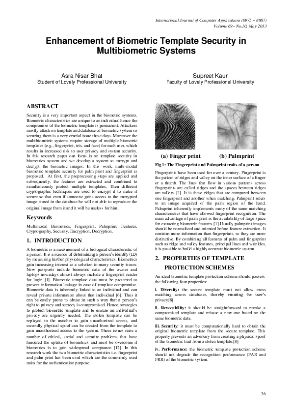 Pdf Enhancement Of Biometric Template Security In Multibiometric Systems Asra Bhat