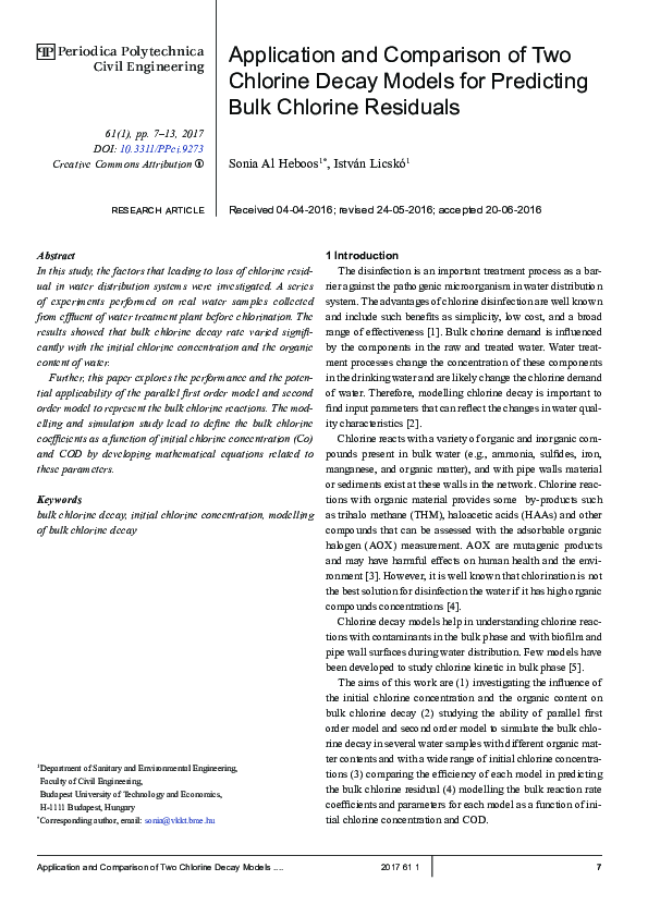 (PDF) Application and Comparison of Two Chlorine Decay Models for ...