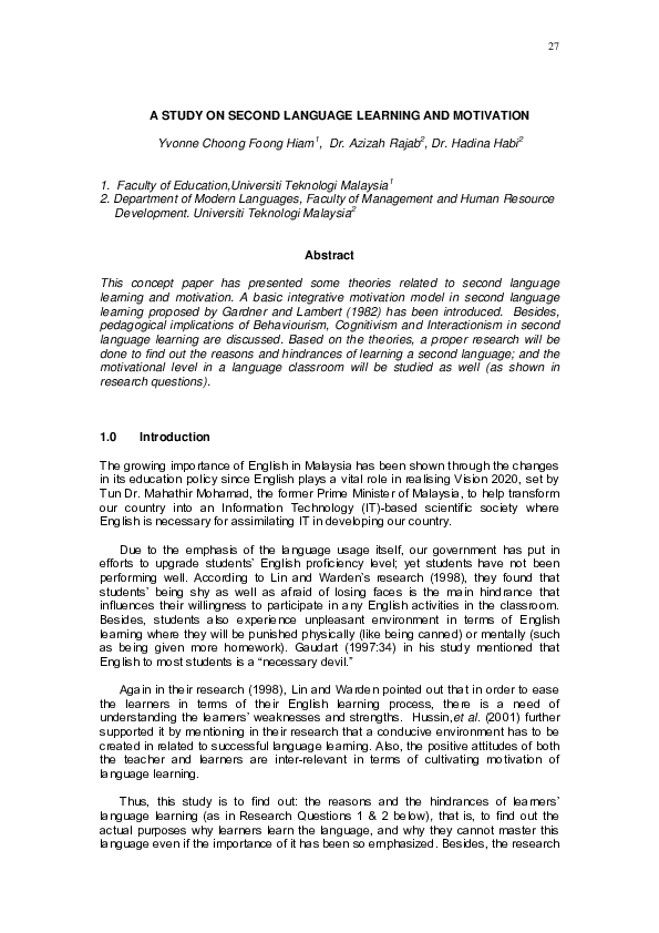 (PDF) A study on second language learning and motivation