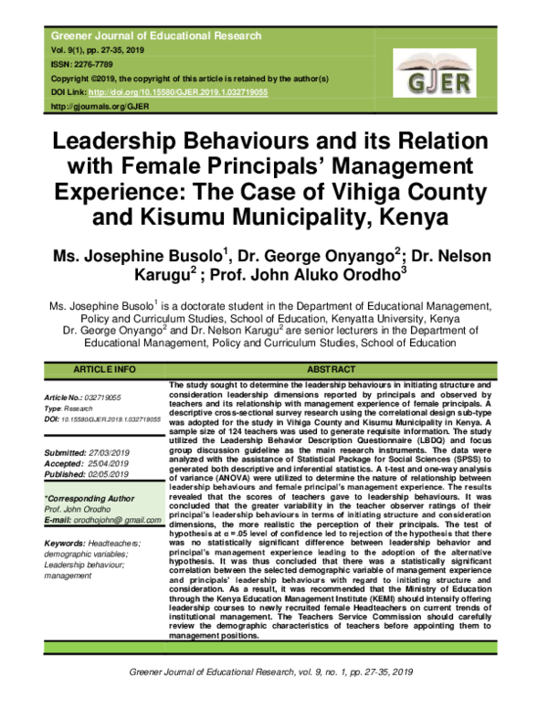 (PDF) Leadership Behaviours and its Relation with Female Principals ...