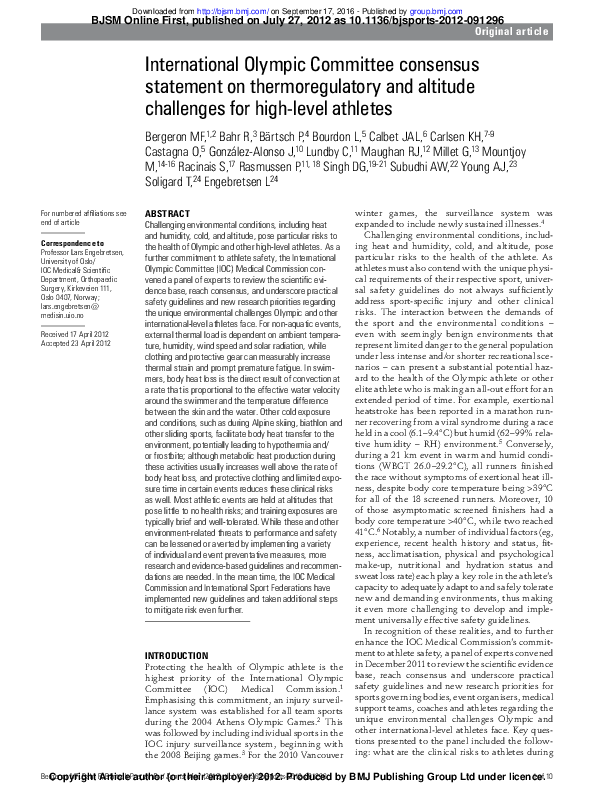 (PDF) International Olympic Committee consensus statement on thermoregulatory and altitude ...