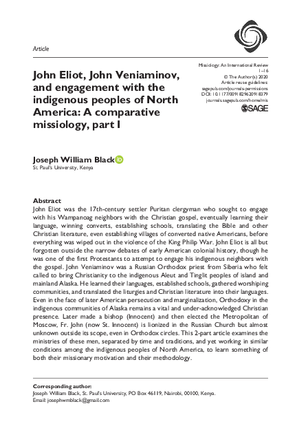 (PDF) John Eliot, John Veniaminov, and engagement with the indigenous ...