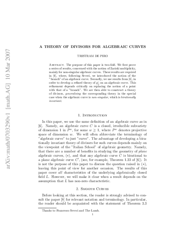 (PDF) A Theory of Divisors for Algebraic Curves