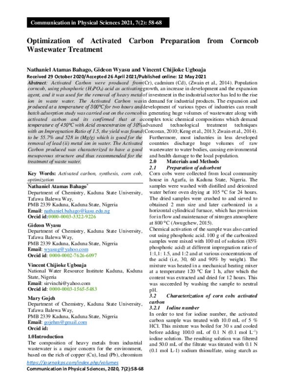 (PDF) Optimization of Activated Carbon Preparation from Corncob Wastewater Treatment