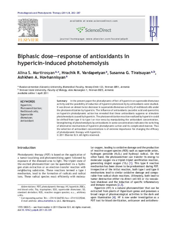 (PDF) Biphasic dose–response of antioxidants in hypericin-induced ...