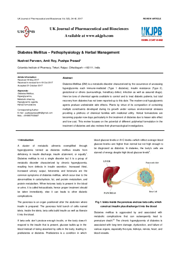 (PDF) Diabetes Mellitus–Pathophysiology & Herbal Management