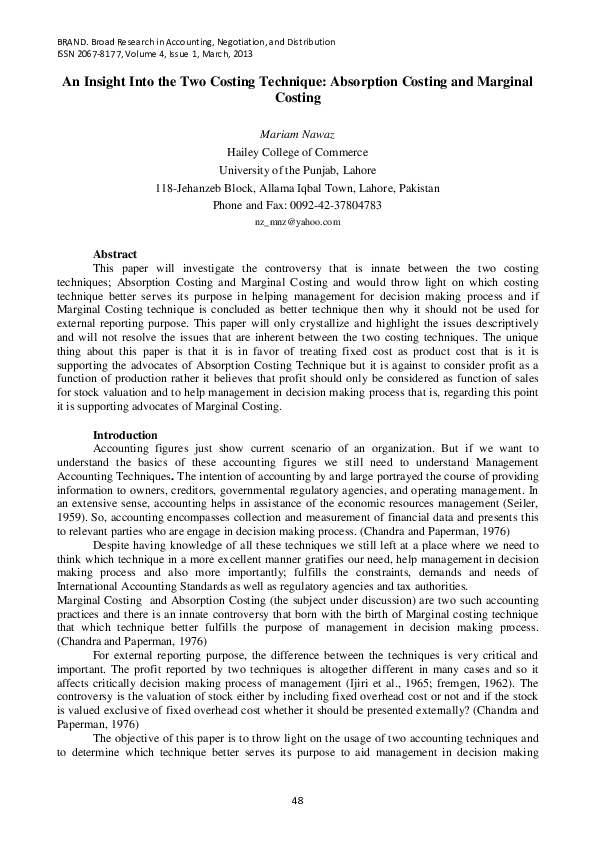 (PDF) An Insight Into the Two Costing Technique: Absorption Costing and ...