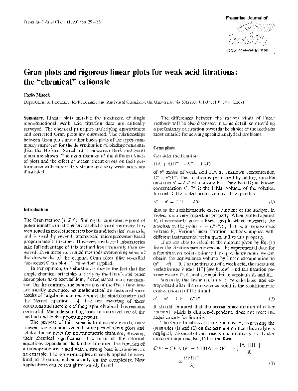 (PDF) Gran plots and rigorous linear plots for weak acid titrations ...