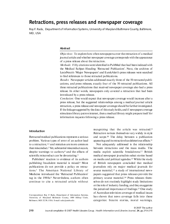 (PDF) Retractions, press releases and newspaper coverage