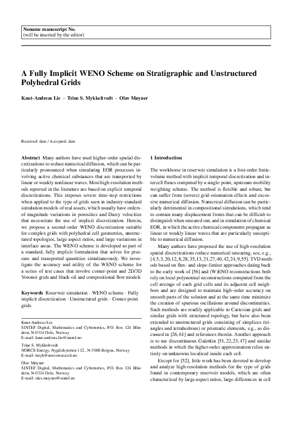 (PDF) A fully implicit WENO scheme on stratigraphic and unstructured polyhedral grids