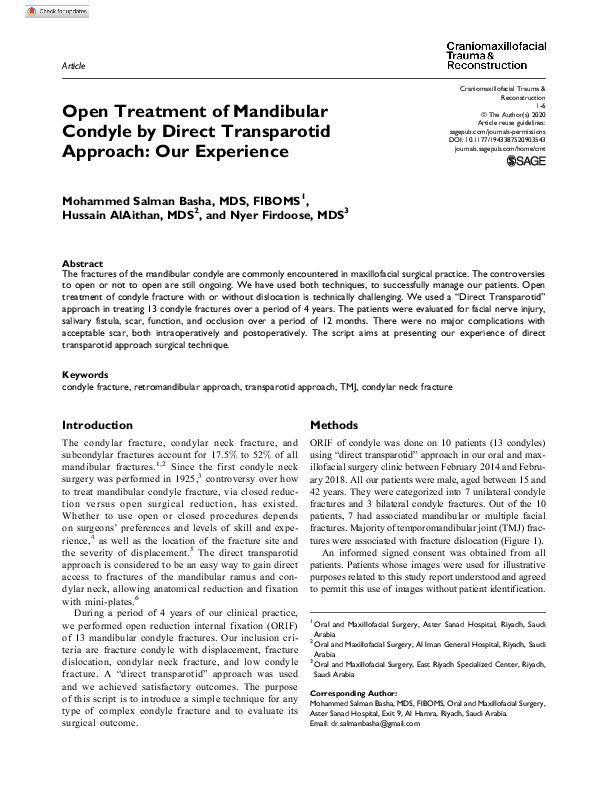 (PDF) Open Treatment of Mandibular Condyle by Direct Transparotid ...