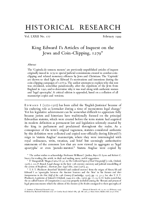 (PDF) King Edward I's Articles of Inquest on the Jews and Coin-Clipping ...