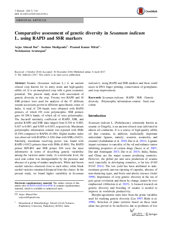 (PDF) Comparative assessment of genetic diversity in Sesamum indicum L. using RAPD and SSR markers