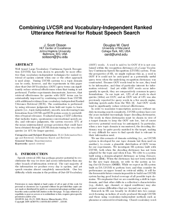 (PDF) Combining LVCSR and vocabulary-independent ranked utterance retrieval for robust speech search