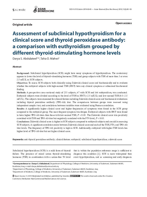 (PDF) Assessment of subclinical hypothyroidism for a clinical score and ...