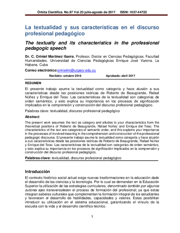 (PDF) La textualidad y sus características en el discurso profesional pedagógico