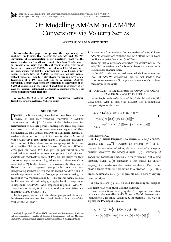(PDF) On Modelling AM/AM and AM/PM Conversions via Volterra Series