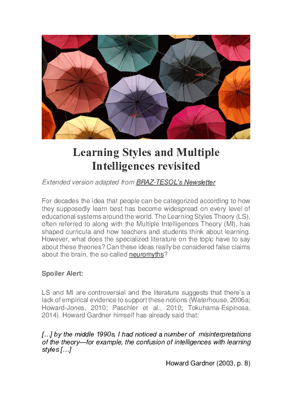 (PDF) Learning Styles and Multiple Intelligences revisited