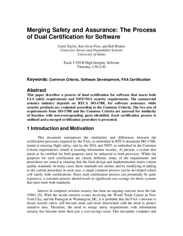 (PDF) Merging safety and assurance: The process of dual certification ...