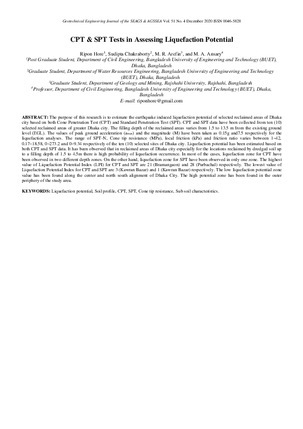 (PDF) CPT & SPT Tests in Assessing Liquefaction Potential