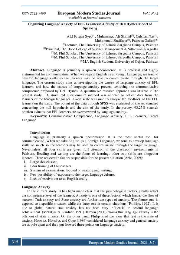 (PDF) Cognizing Language Anxiety of EFL Learners: A Study of Dell Hymes ...