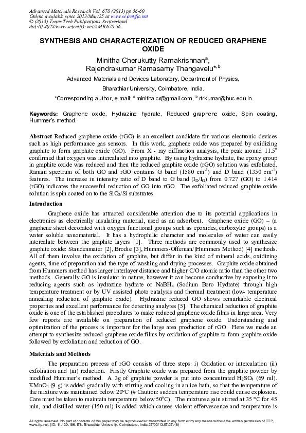 (PDF) Synthesis and Characterization of Reduced Graphene Oxide