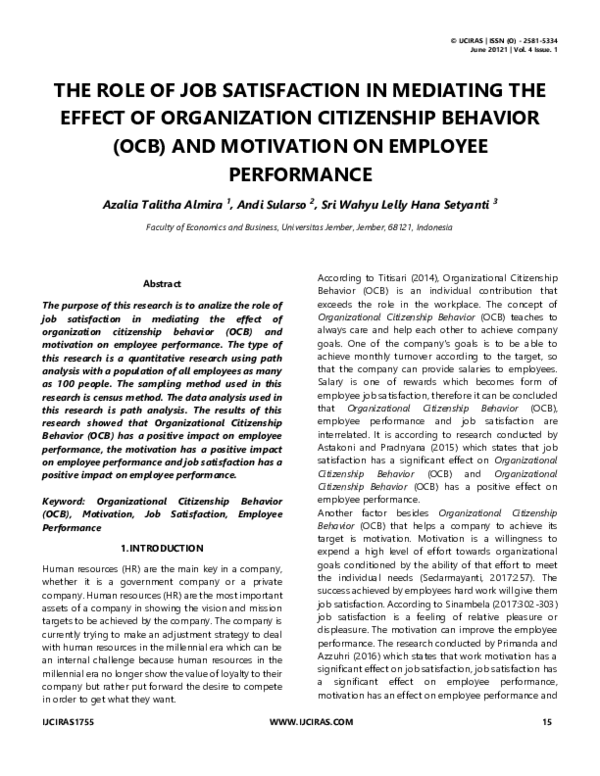 (PDF) THE ROLE OF JOB SATISFACTION IN MEDIATING THE EFFECT OF ORGANIZATION CITIZENSHIP BEHAVIOR ...