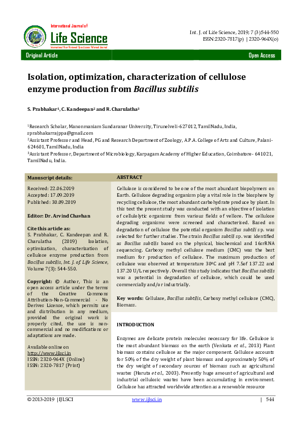 (PDF) Isolation, optimization, characterization of cellulose enzyme production from Bacillus ...