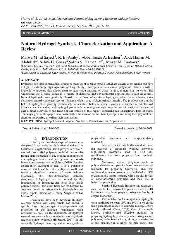 (PDF) Natural Hydrogel Synthesis, Characterization and Application: A ...