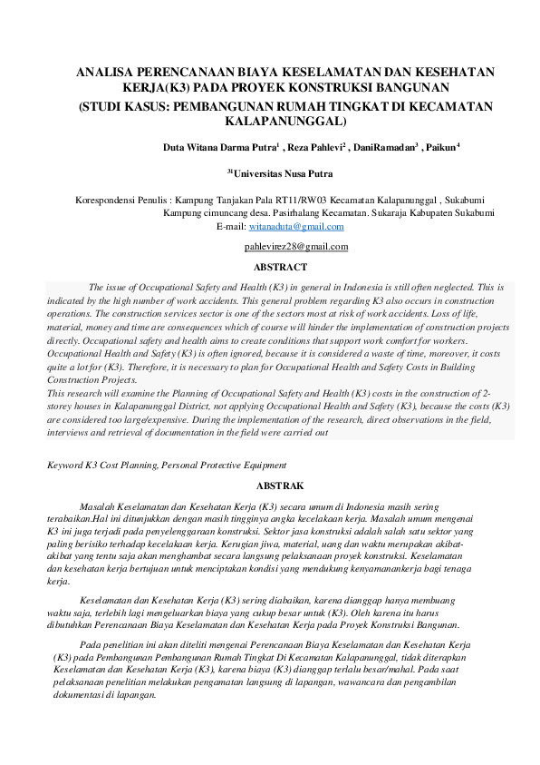 (PDF) ANALISA PERENCANAAN BIAYA KESELAMATAN DAN KESEHATAN KERJA (K3 ...
