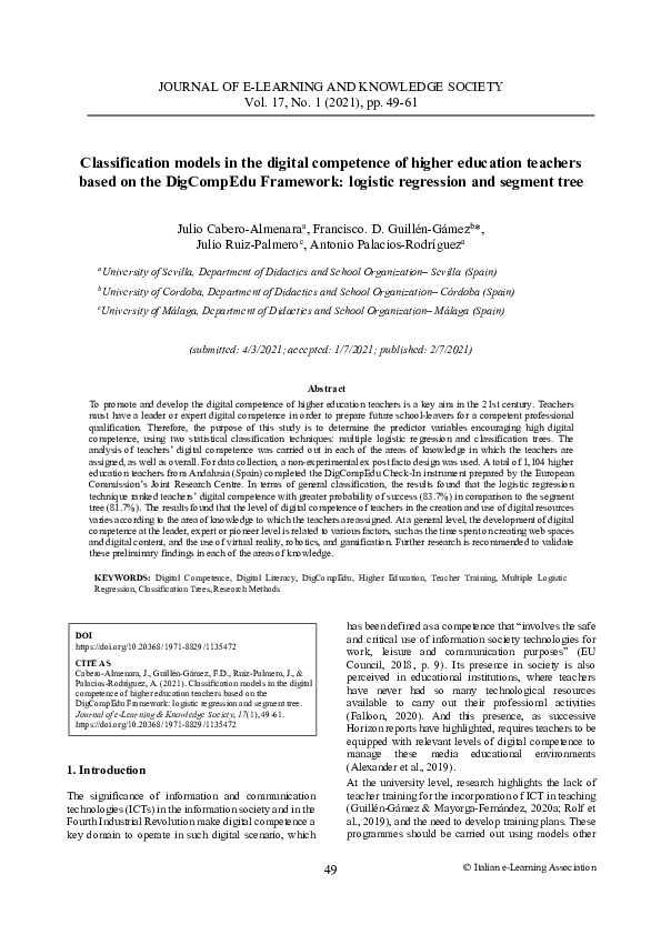 (PDF) Classification models in the digital competence of higher ...