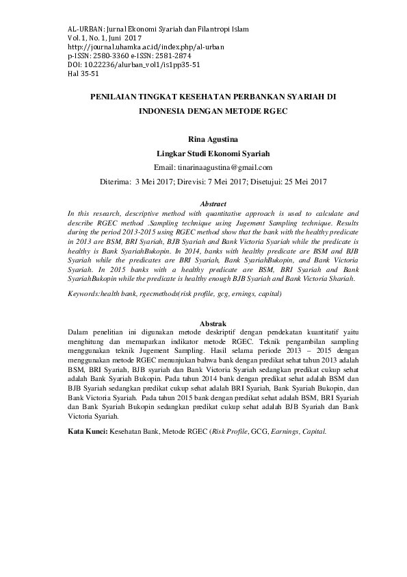 (PDF) Penilaian Tingkat Kesehatan Perbankan Syariah di Indonesia dengan Metode RGEC