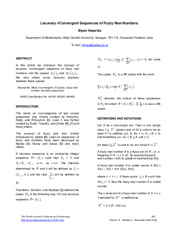 (PDF) Lacunary I-convergent sequences of fuzzy real numbers