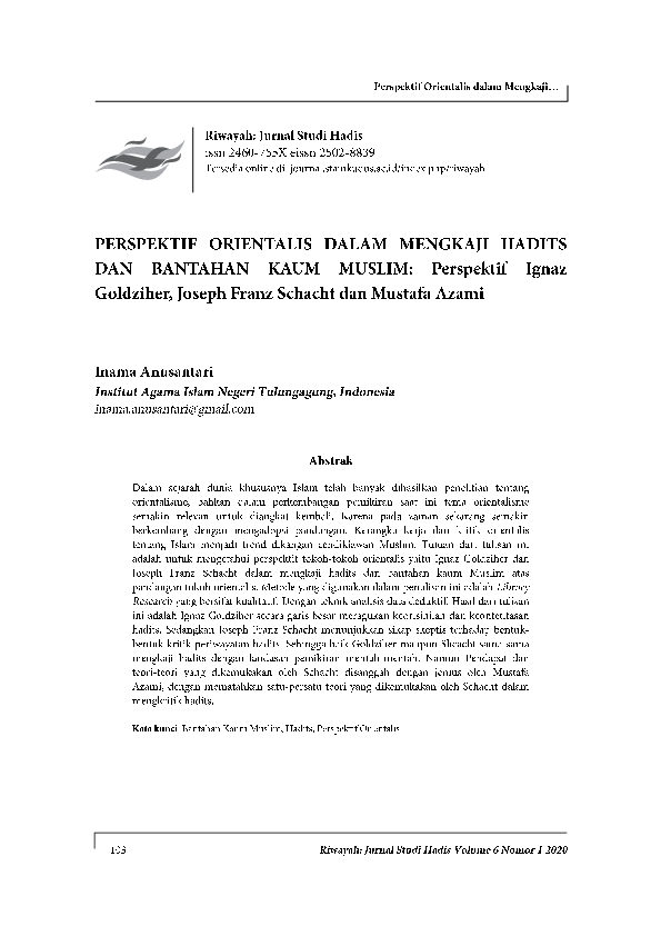(PDF) PERSPEKTIF ORIENTALIS DALAM MENGKAJI HADITS DAN BANTAHAN KAUM MUSLIM: Perspektif Ignaz ...